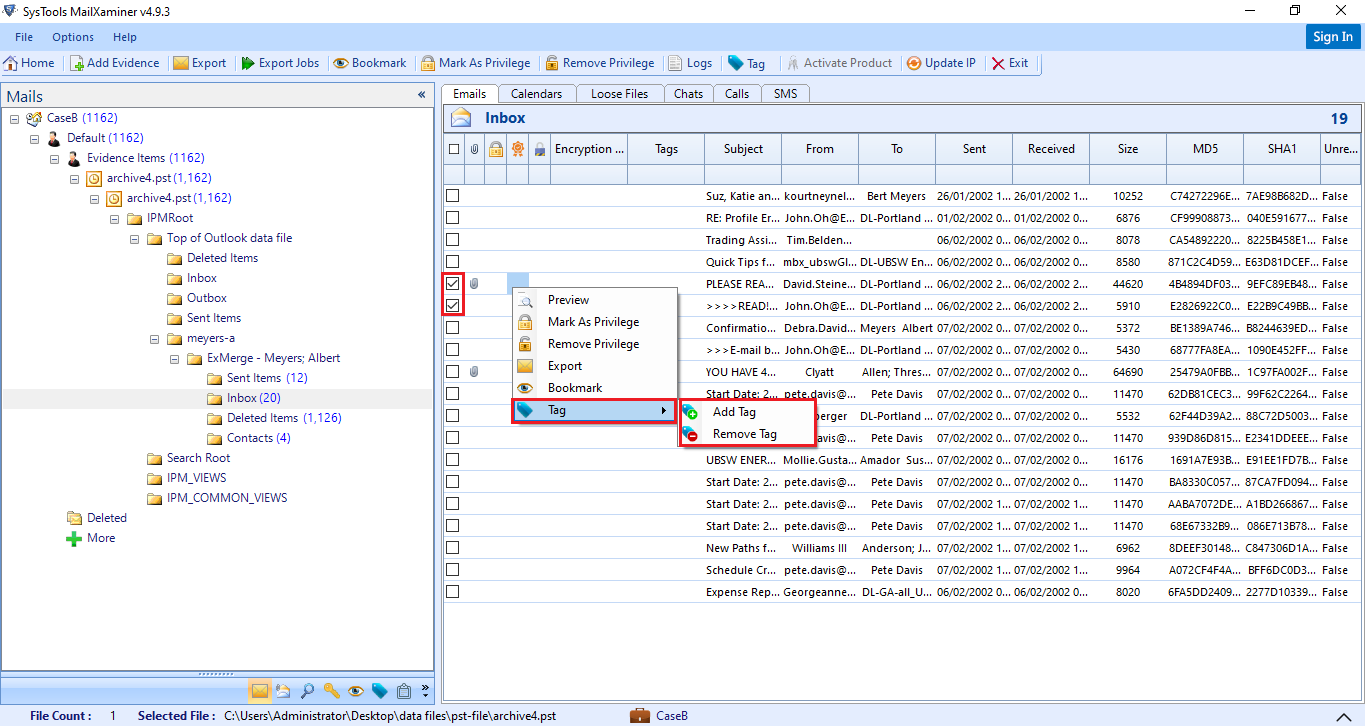 Do Proper Tagging and Labeling of Evidence in Emails with MailXaminer